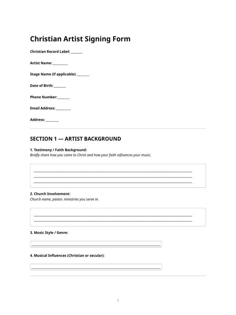 Christian Artist Signing Evaluation Form | PDF