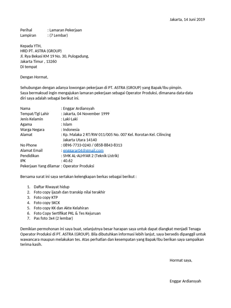 Lamaran Dan CV Enggar | PDF