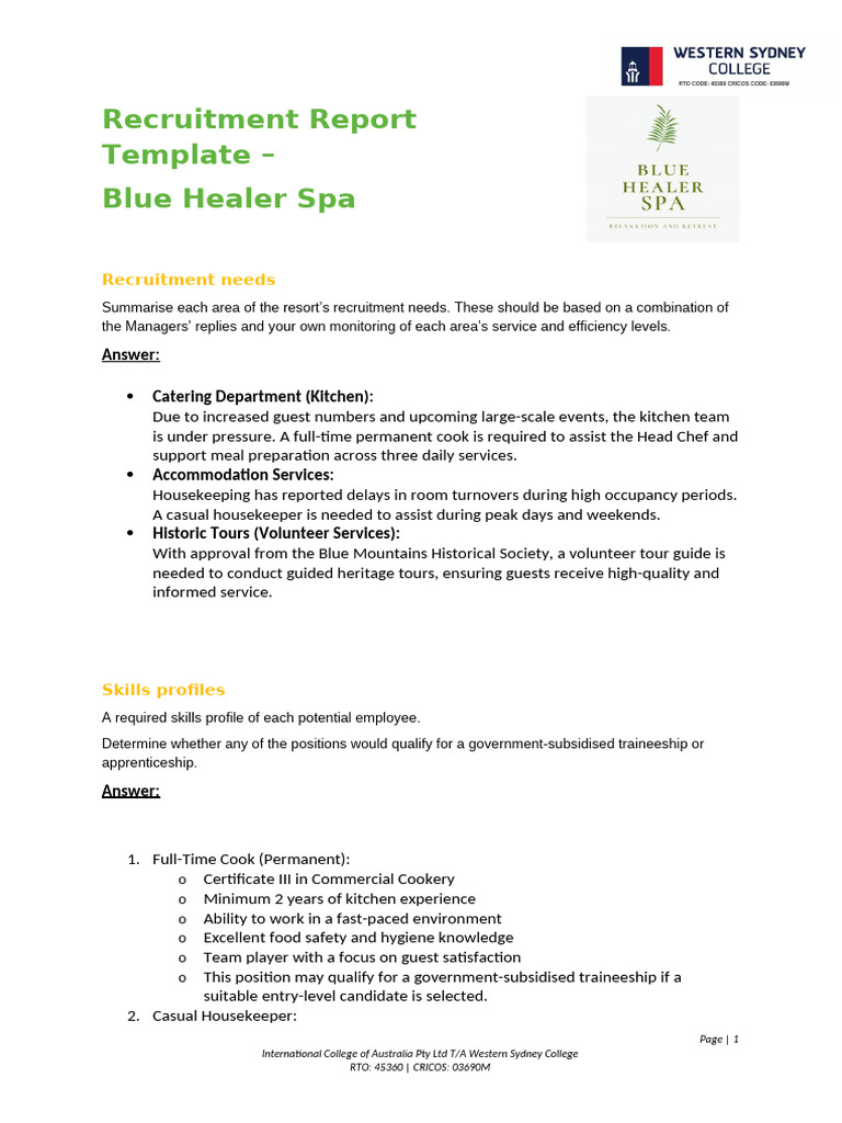 Blue Healer Spa Recruitment Needs Report | PDF | Recruitment | Employment