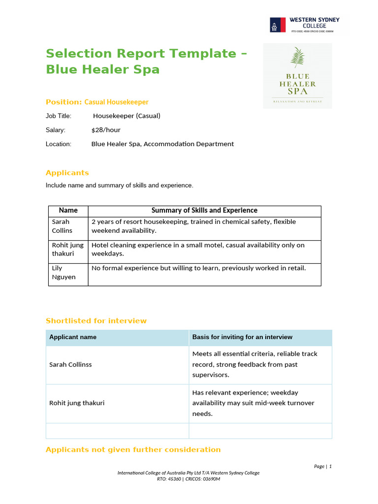 SITXHRM010 Selection Report Template - Poisition - 2 | PDF