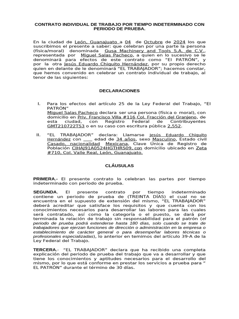 Contrato Tiempo Indeterminado | PDF | Salario | Economias