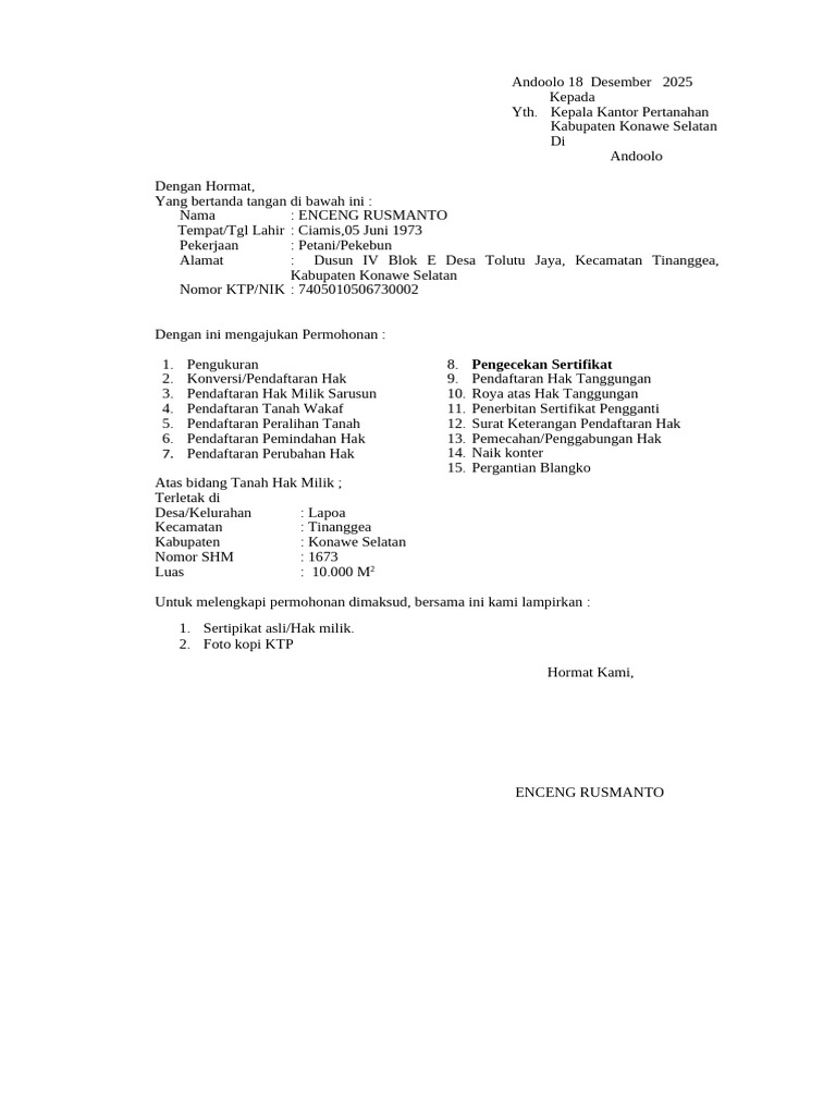 Permohonan Pendaftaran Hak Tanah Enceng Rusmanto | PDF