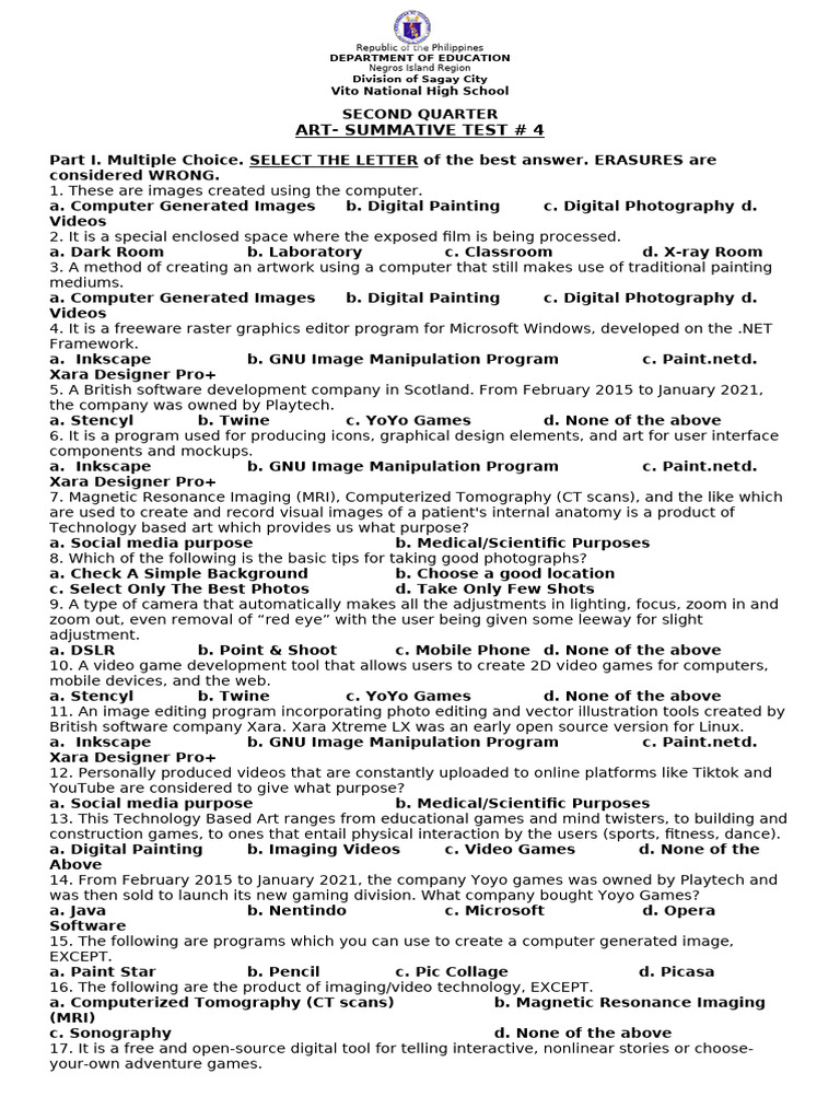 Art Summative Test #4: Multiple Choice | PDF | Image Editing | Software