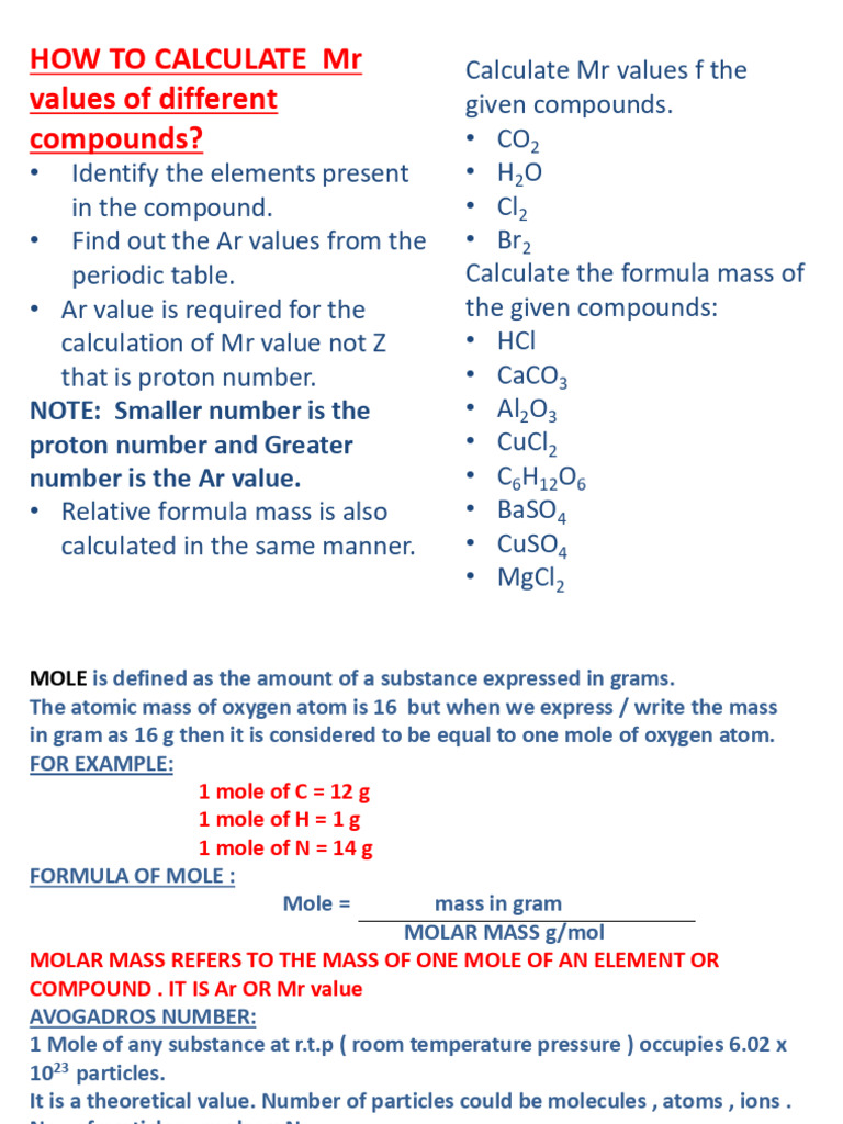 Calculate Mr and Moles of Compounds | PDF | Mole (Unit) | Scientific ...