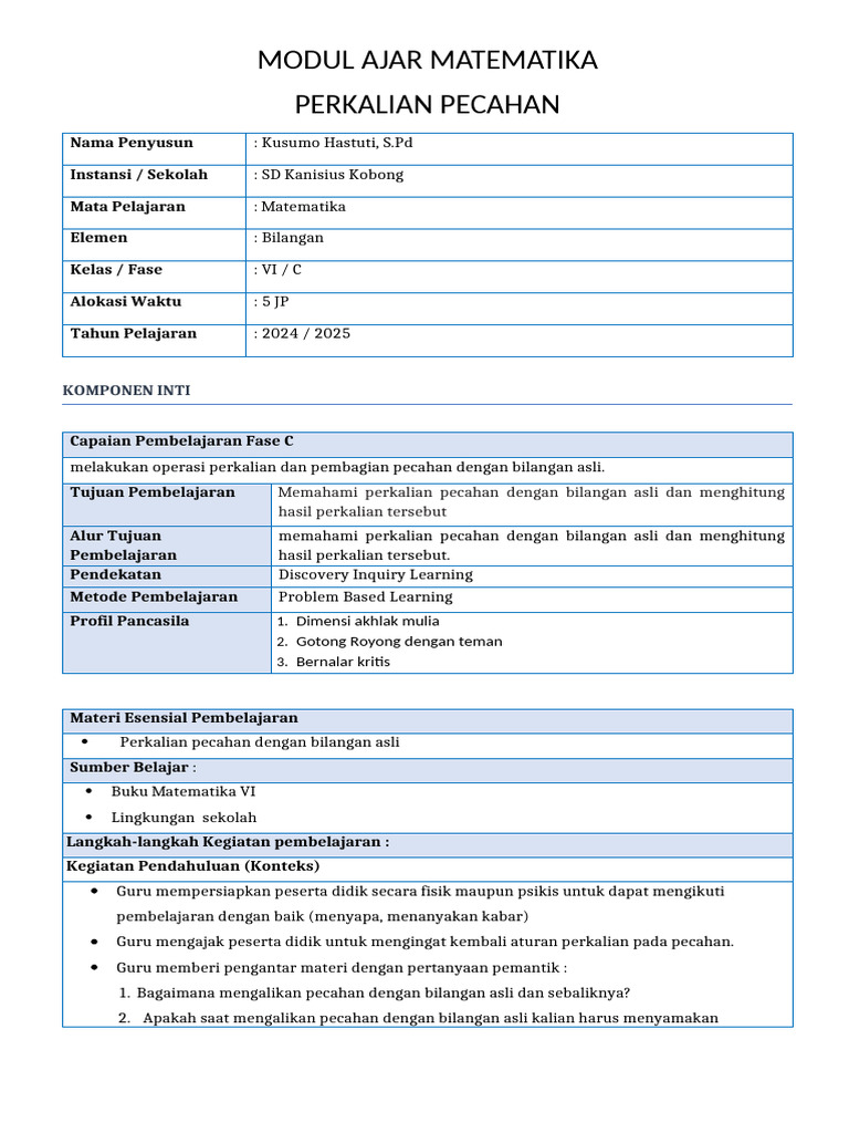 Modul Ajar Perkalian dan Pembagian Pecahan | PDF