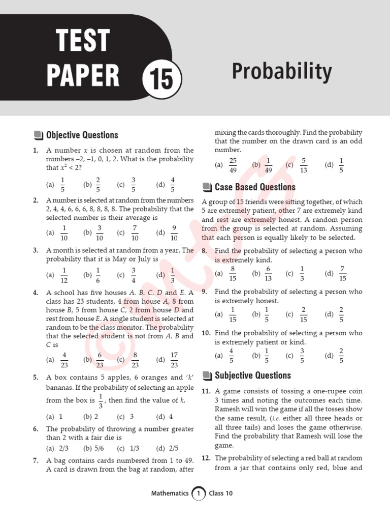 Probability Questions for Class 10 Math | PDF | Mathematics