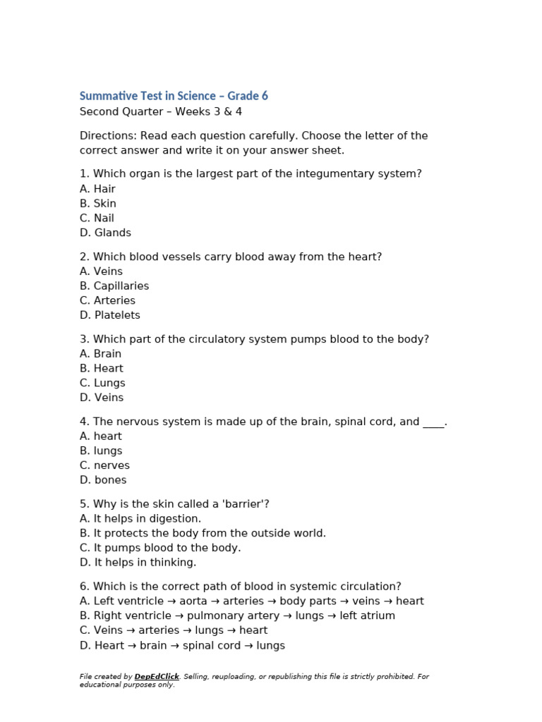 Summative Test Science6 W3-4 DepEdClick | PDF | Circulatory System | Heart