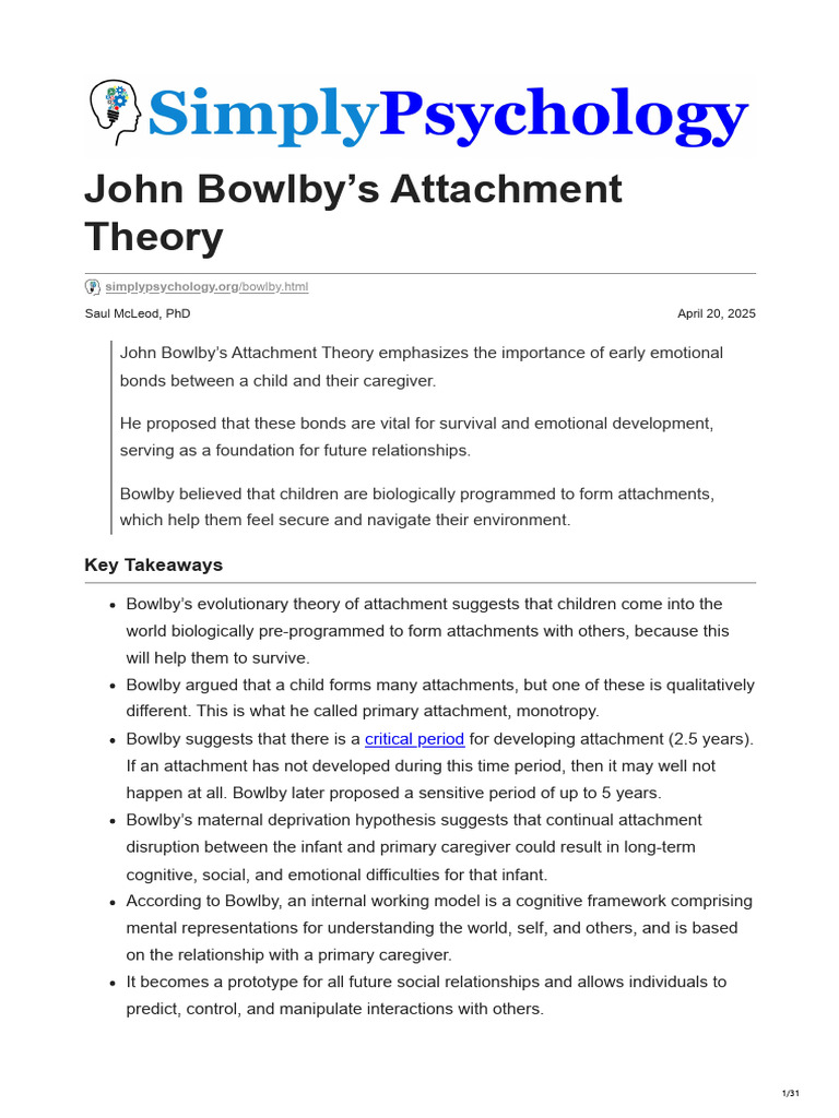 John Bowlby’s Attachment Theory Explained | PDF | Attachment Theory ...
