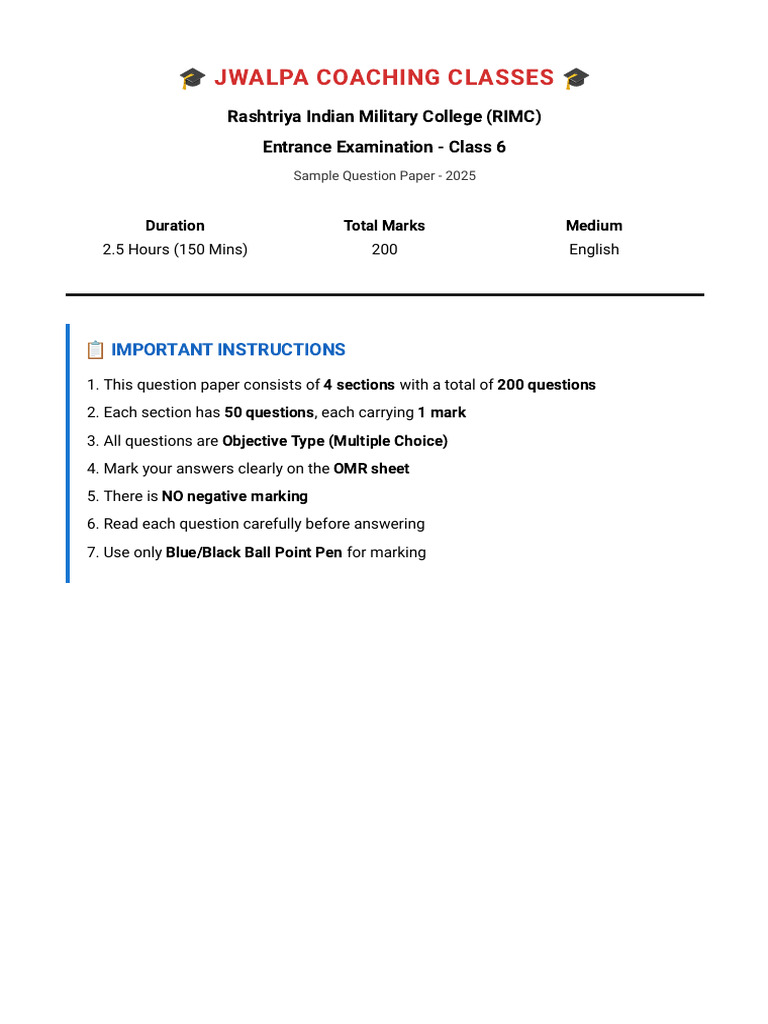 RIMC Class 6 Entrance Exam Sample Paper | PDF | Rainforest | Amazon ...