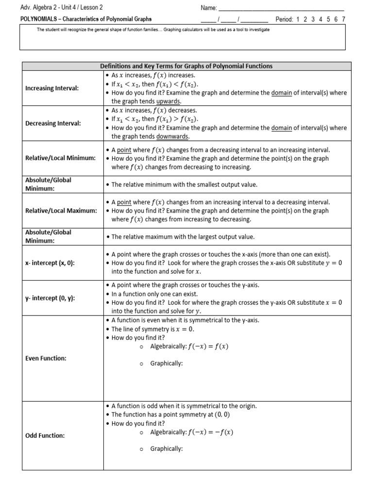 4.2 Notes and Practice - Characteristics of Polynomial Graphs (1) | PDF ...