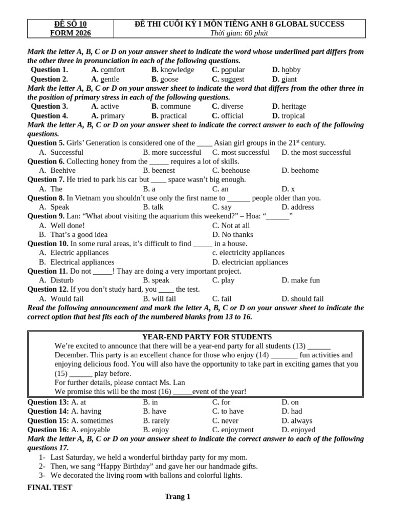 English 8 Final Exam Practice Test | PDF | Psychology | Behavioural ...