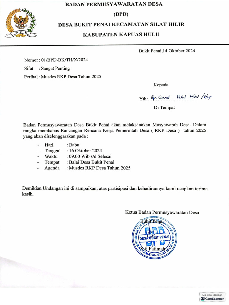 Undangan MUSDES Desa Bukit Penai | PDF