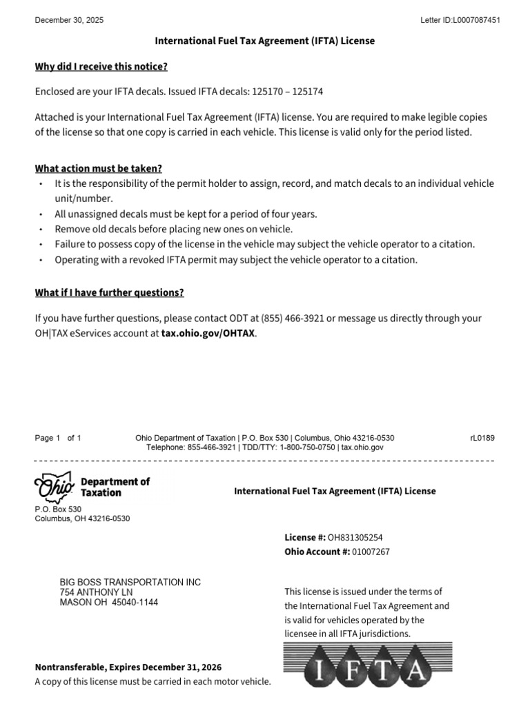 IFTA License Notice and Instructions | PDF