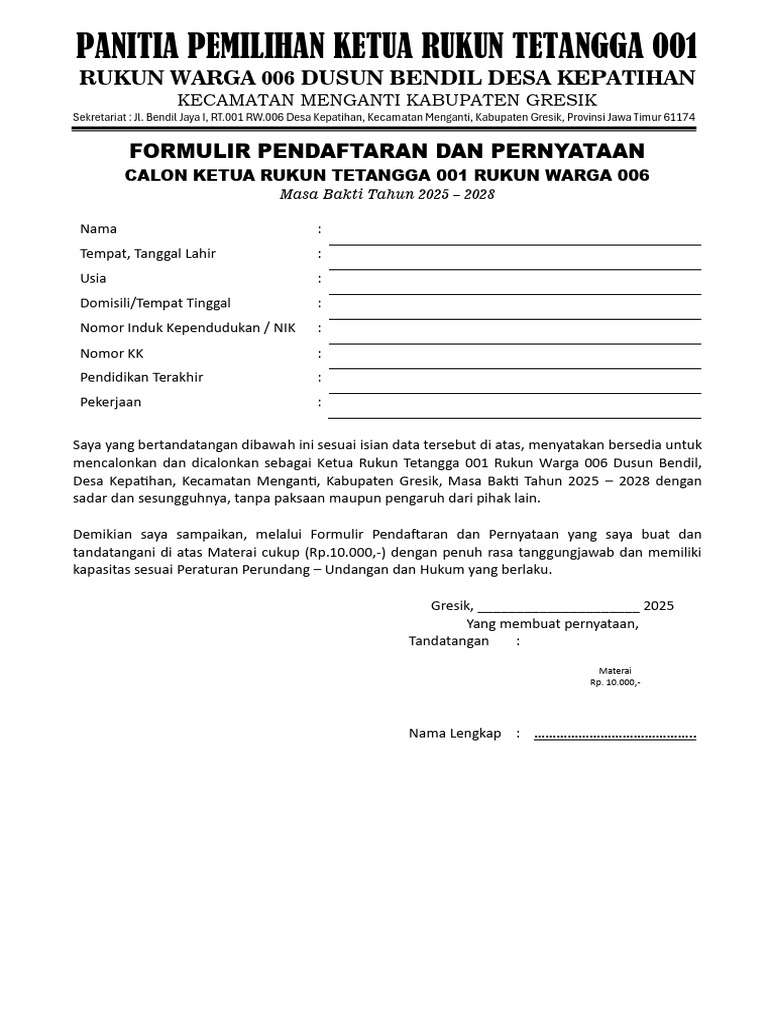 Formulir Calon Ketua RT 001 Gresik 2025 | PDF