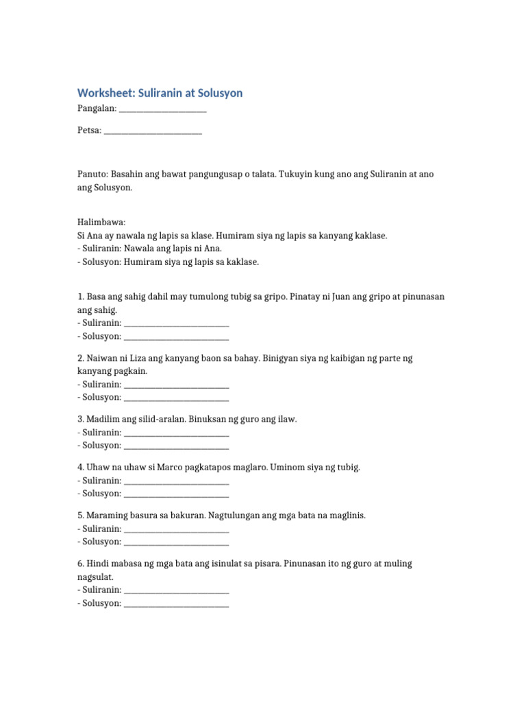 Suliranin at Solusyon Worksheet | PDF