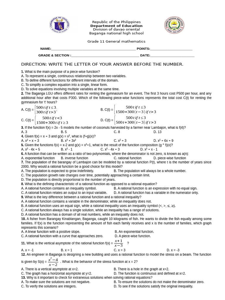 Gen. Math 1st Quarter Exam | PDF | Function (Mathematics) | Exponential Function