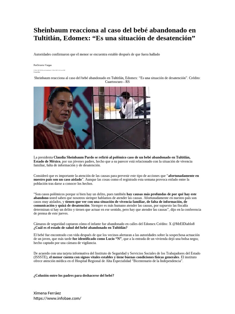 Sheinbaum Reacciona Al Caso Del Bebé Abandonado en Tultitlán Caso 1-1 | PDF