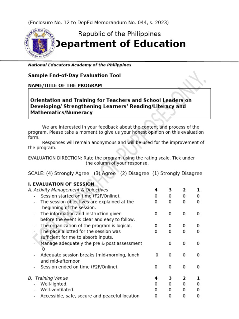 End-of-Day Evaluation Tool for Teachers | PDF | Learning | Human ...