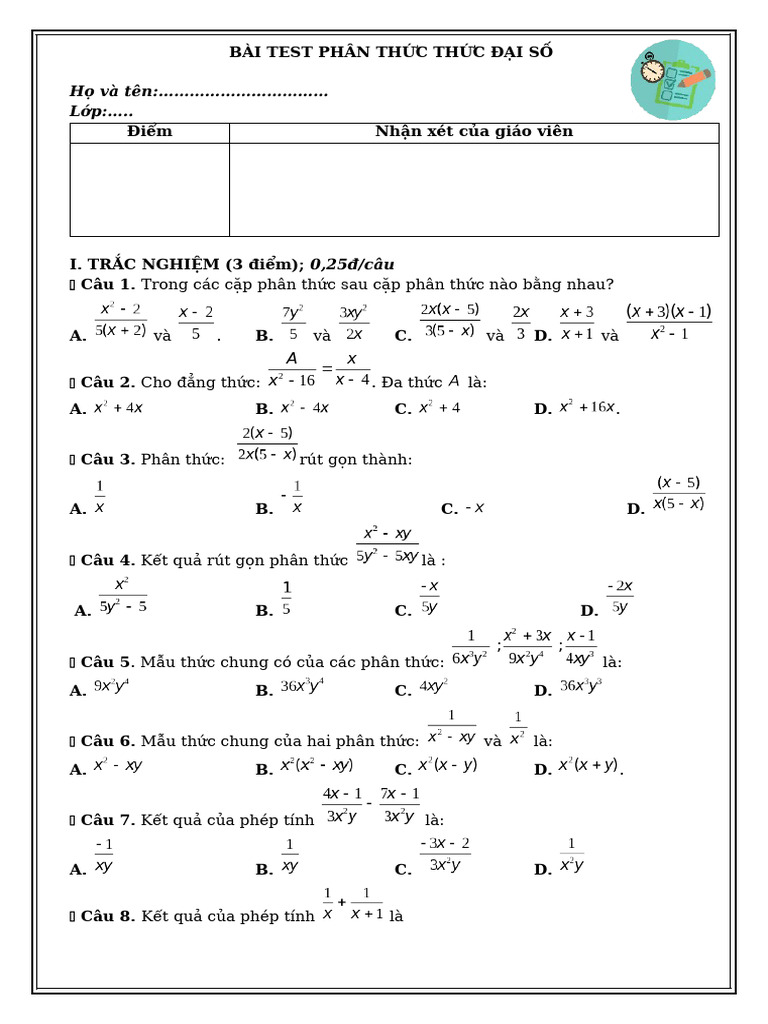 17. Bài Test Các Phép Tính Về Phân Thức | PDF