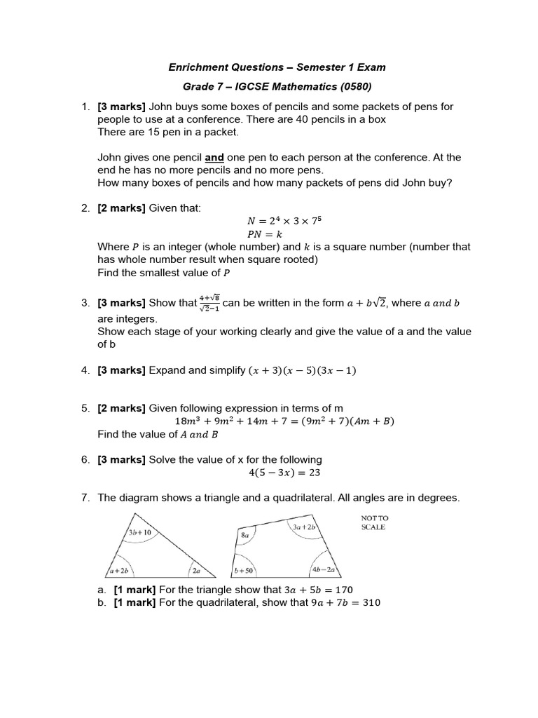 Enrichment Questions Gr 7 Semester Exam | PDF