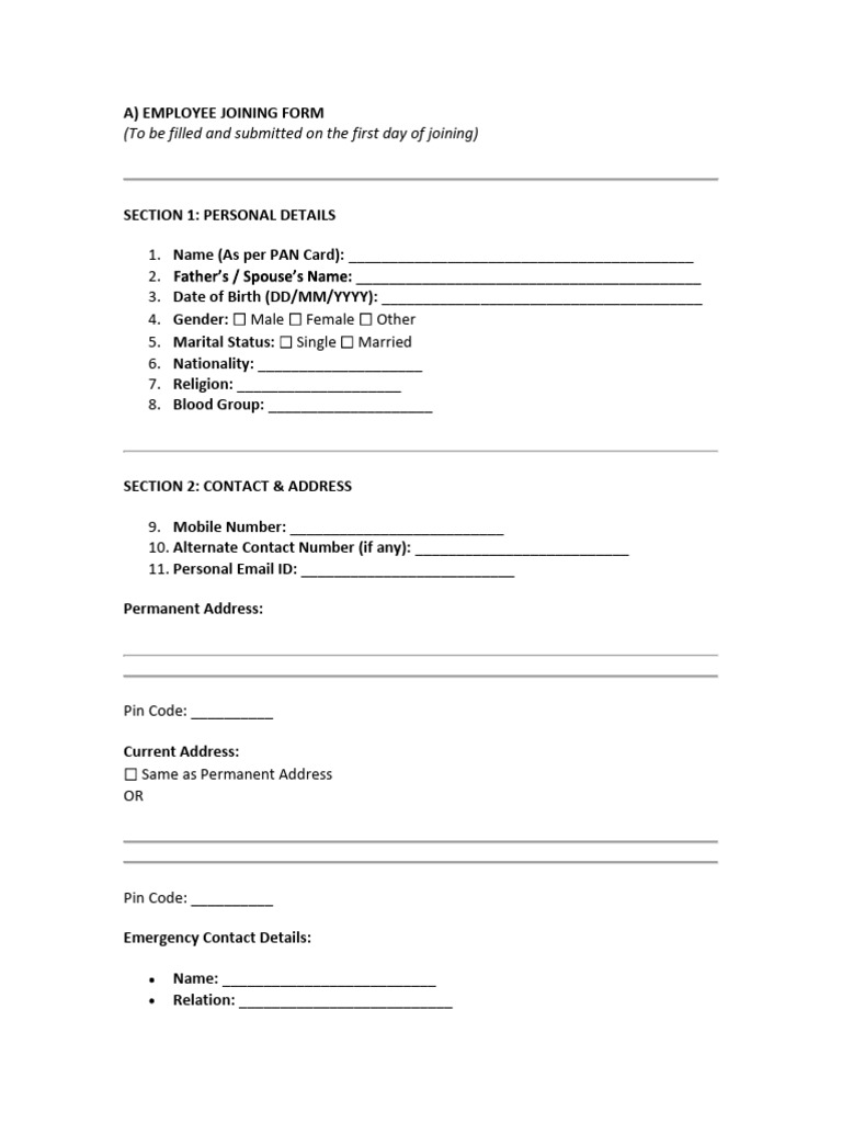 Employee Joining Form | PDF | Employment | Non Disclosure Agreement