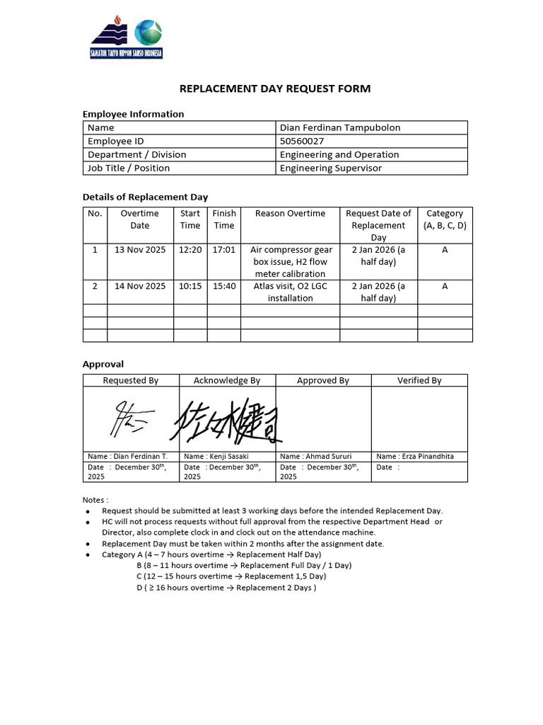 Replacement Day Request Form - Ferdinan | PDF