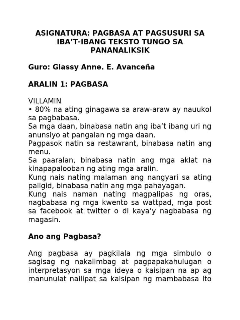 Aralin 1 - Pagpag-Pagbasa | PDF