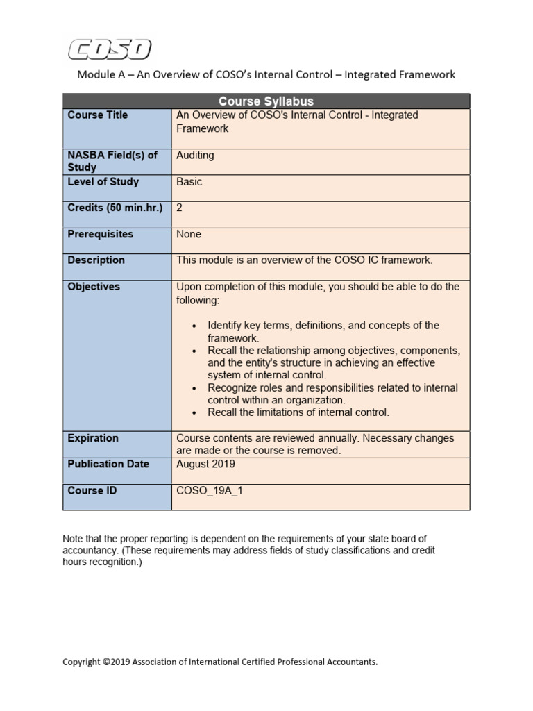 COSO Internal Control Certificate-Online Self Study | PDF | Internal ...