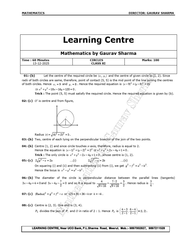 Class XI Mathematics Circles Solutions | PDF | Circle | Mathematics