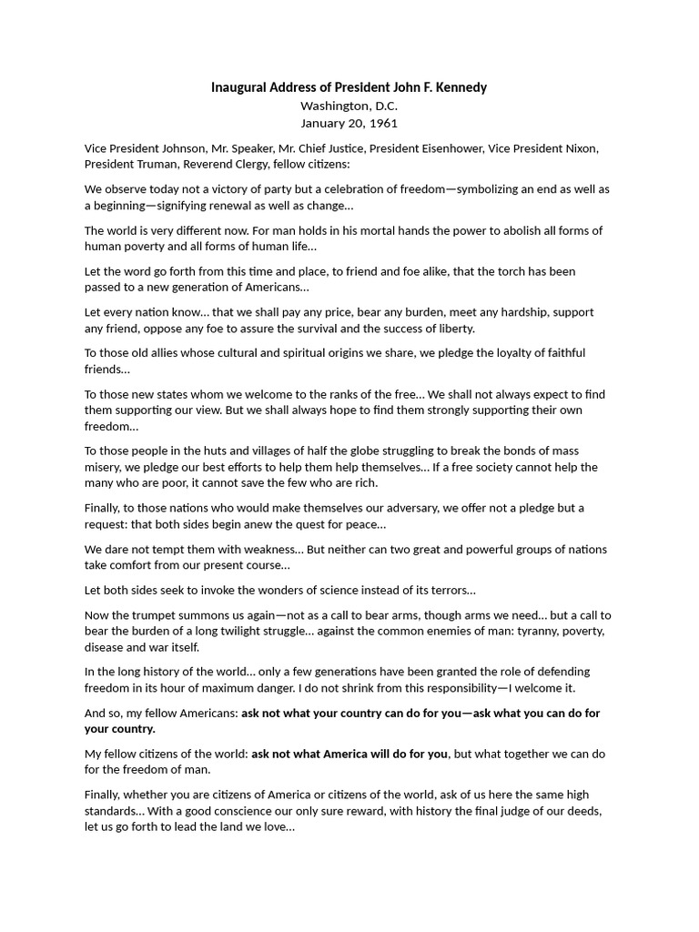 Kennedy's Inspiring Inaugural Address | PDF | Federal Government Of The ...