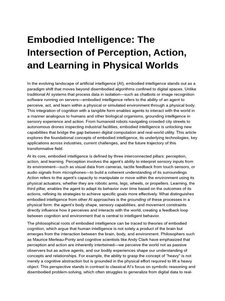Embodied Intelligence - The Intersection of Perce | PDF | Embodied ...