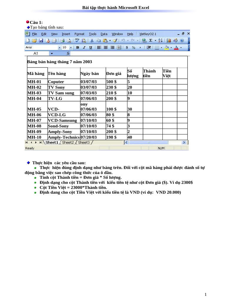 Bai Tap Thuc Hanh Excel Co Ban | PDF