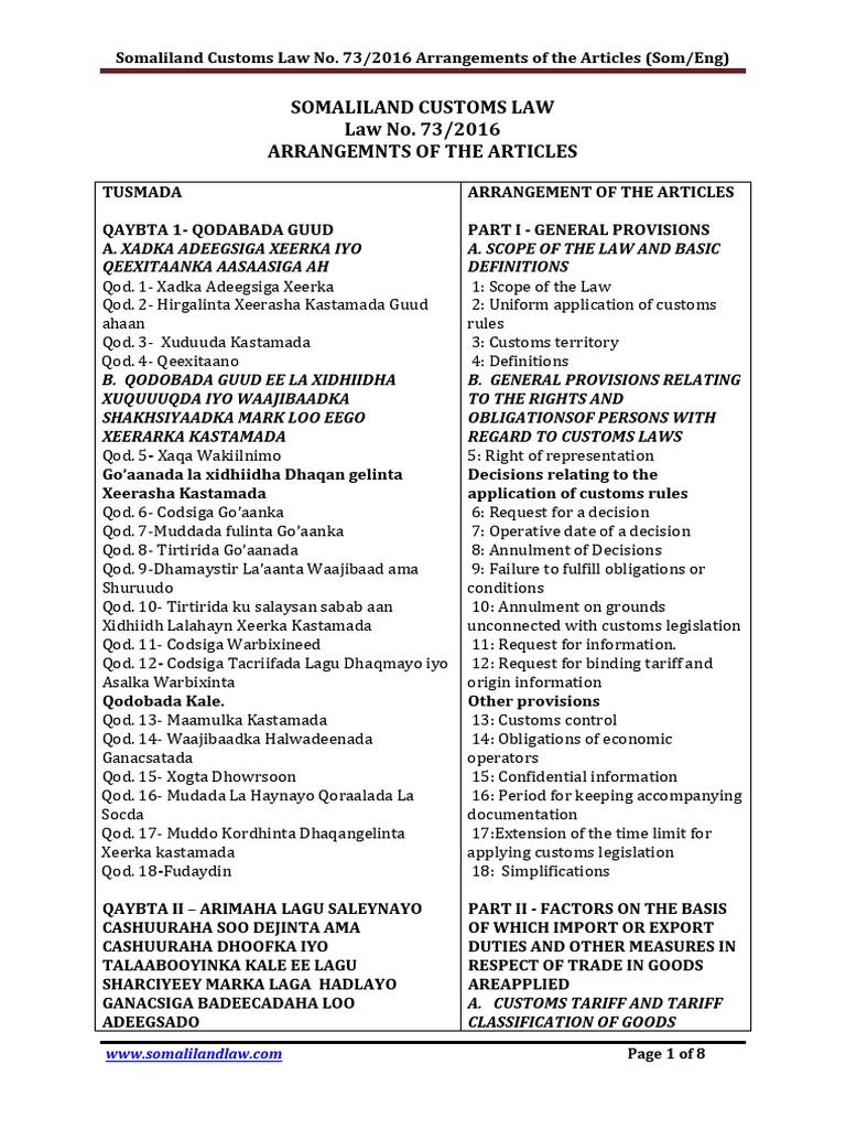 Somaliland Customs Law Overview 2016 | PDF | Economies | World Economy