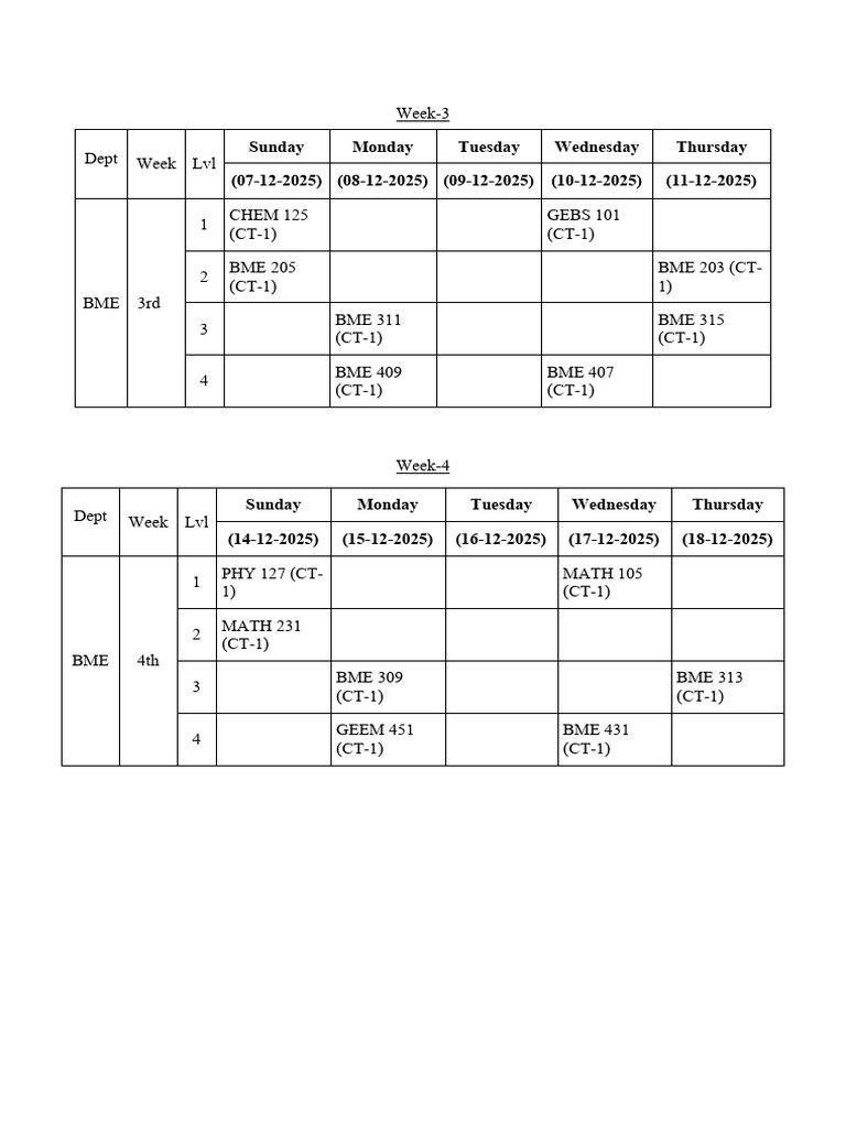 BME Course Schedule 2025-2026 | PDF