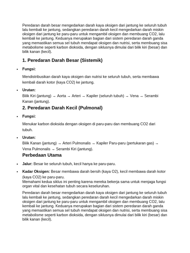 Peredaran Darah Besar Mengedarkan Darah Kaya Oksigen Dari Jantung Ke ...
