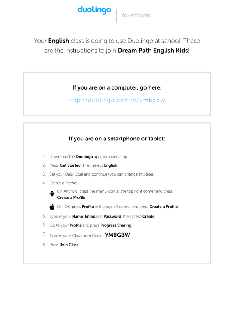 Join Duolingo English Class Instructions | PDF