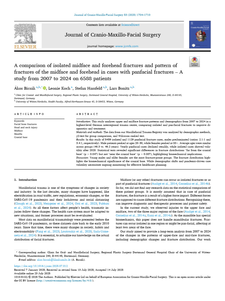 A Comparison of Isolated Midface and Forehead Fractures and Pattern of ...