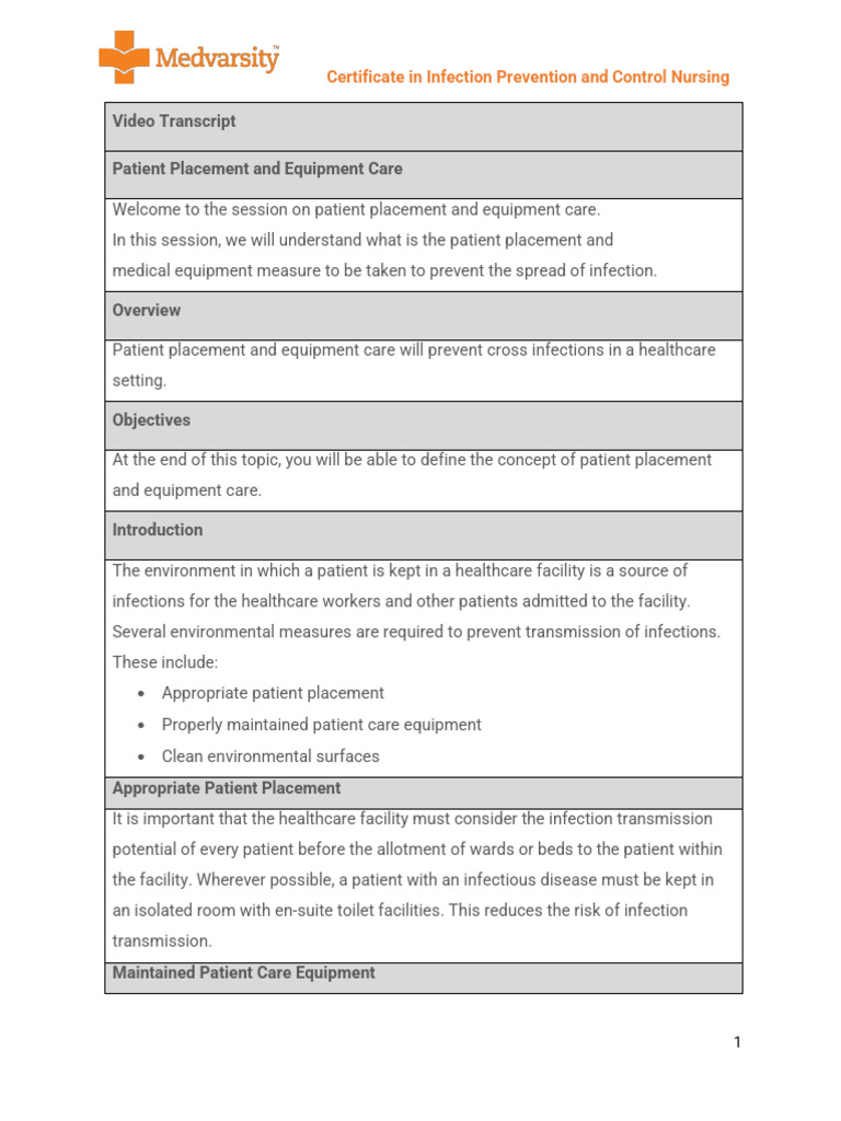 M3 - Patient Placement and Equipment Care | PDF | Infection | Clinical ...