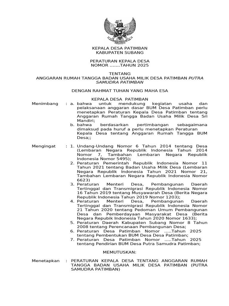 Draft Perkades Art Bum Desa Putra Samudra Patimban | PDF
