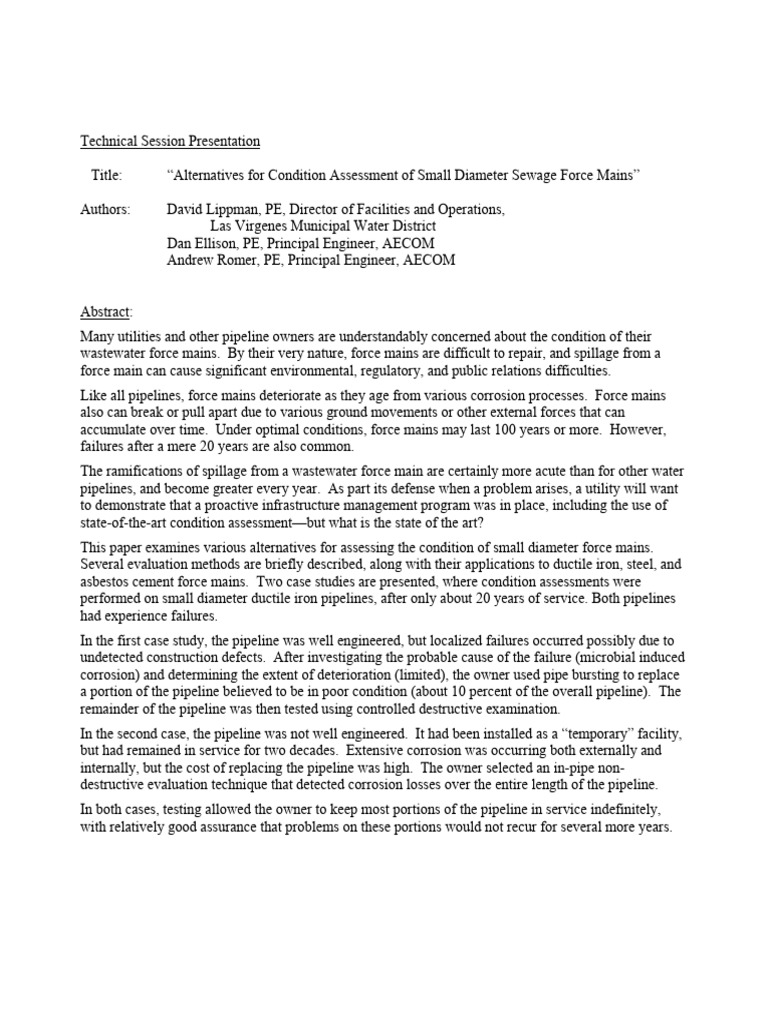 Aletrnatives For Condition Assessment of Small Diameter Sewage Fore ...