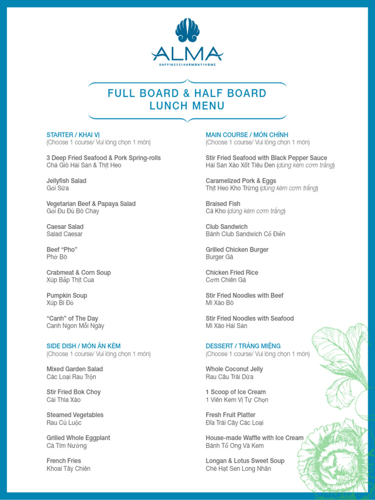 Halfboard Fullboard Lunch & Dinner Menu - APP | PDF