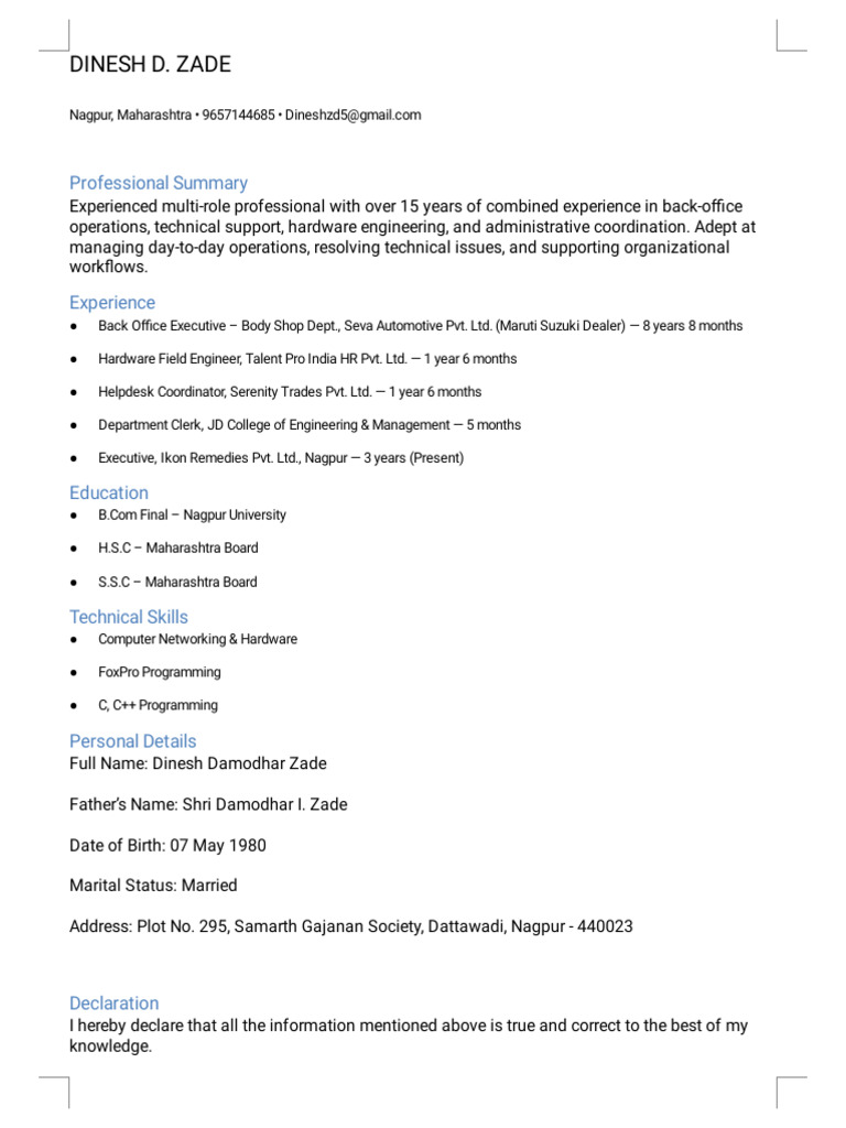 Dinesh Zade Resume | PDF