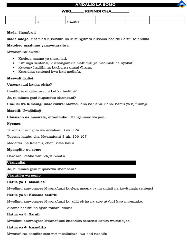 GRADE 3 Shambani Lesson Plans Kiswahili Activities Word Format | PDF