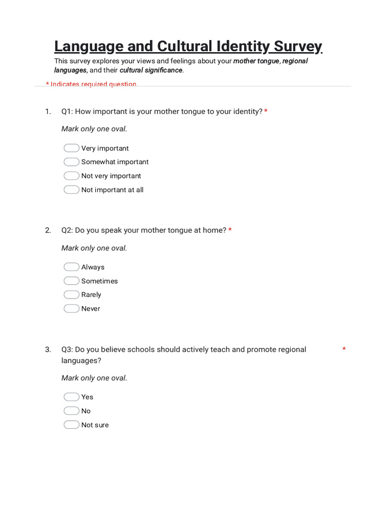 Language and Cultural Identity Survey | PDF
