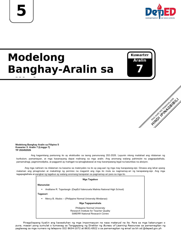 q3 Le Filipino 5 Aralin 7 Week 7 | PDF