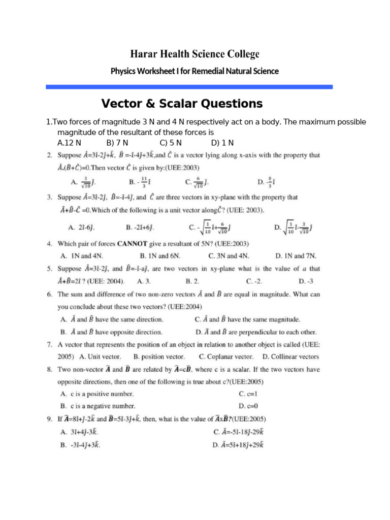 Physics Worksheet 1 For Remedial NS-2016 | PDF | Euclidean Vector | Force