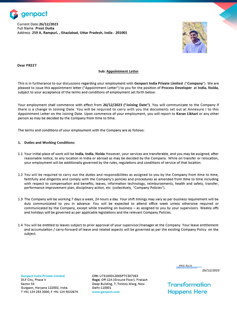 Genpact Appointment Letter for Preet Dutta | PDF | Life Insurance ...