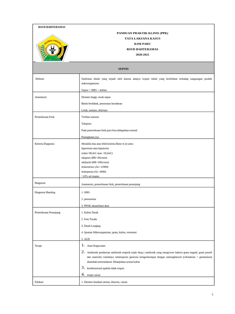 Panduan Tata Laksana Sepsis KSM Paru | PDF