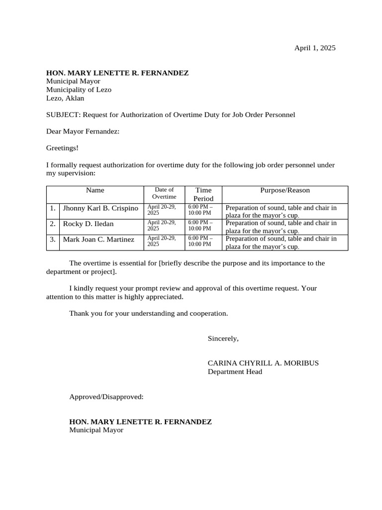 Request For Authorization of Overtime Duty For Job Order Personnel | PDF