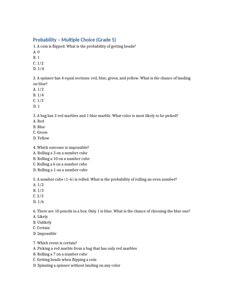 Probability Grade5 Quiz | PDF